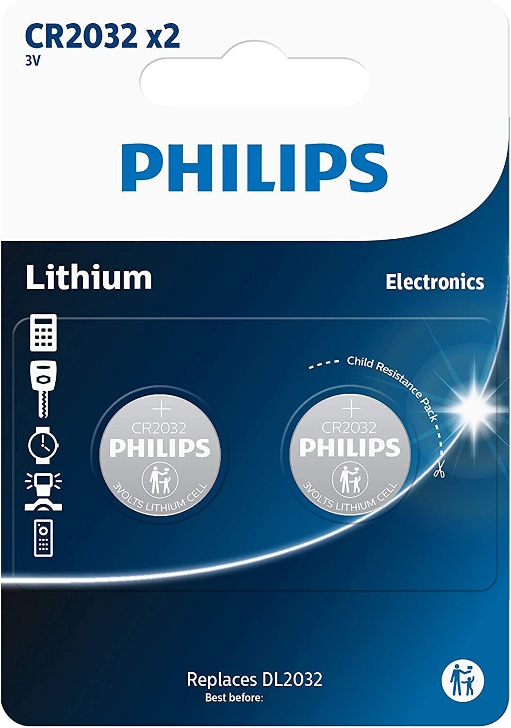 2032 Battery Philips Lithium Coin Cell 2032 3V Battery 2X Car Keys Fobs ...