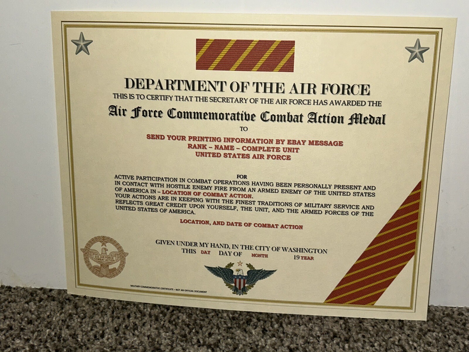 U.S. AIR FORCE COMBAT ACTION COMMEMORATIVE MEDAL CERTIFICATE ~ W ...