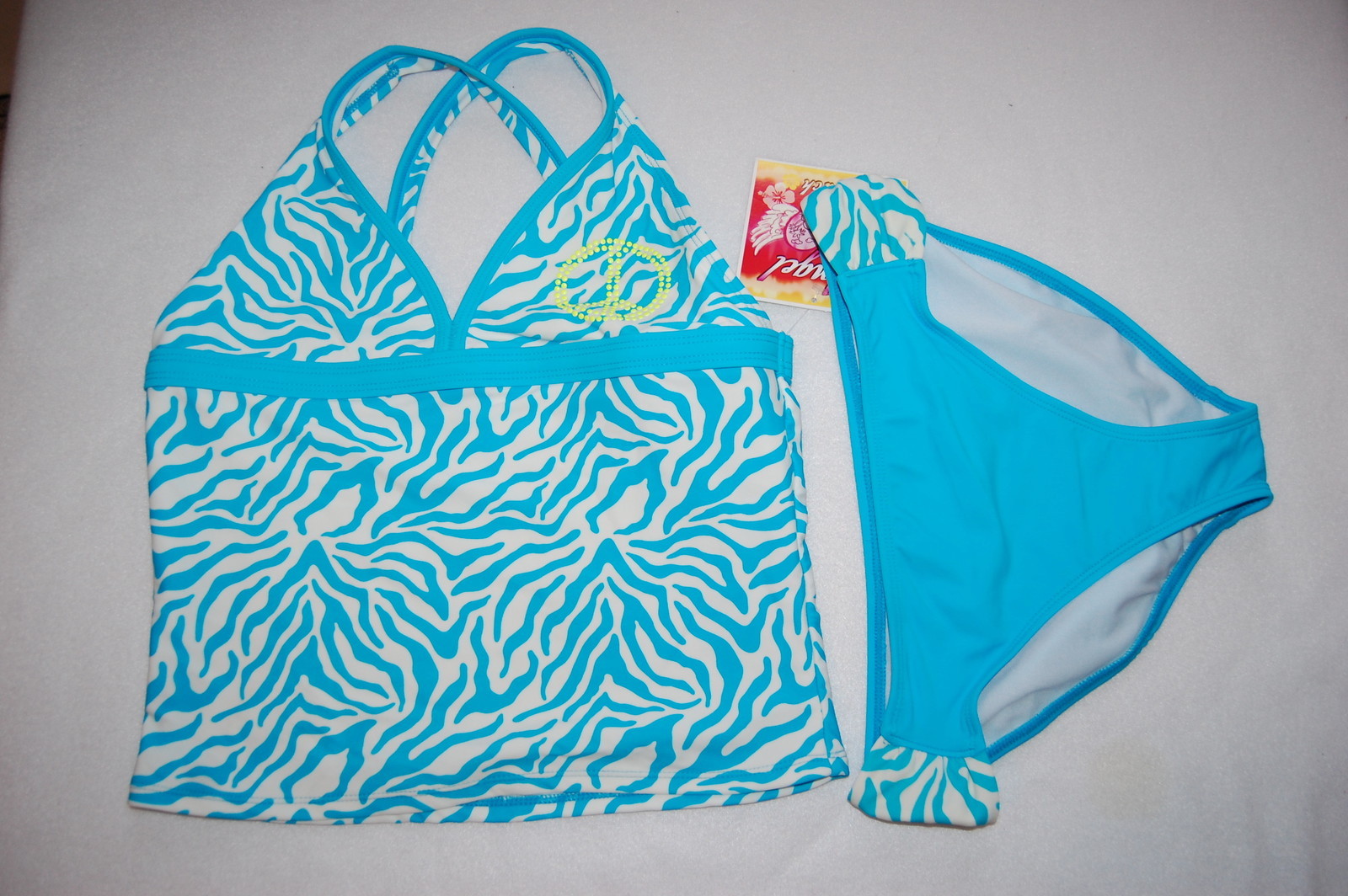 Girls 2 PC Swim Suit TURQUOISE ANIMAL STRIPE Tankini Top Bikini Bottoms ...