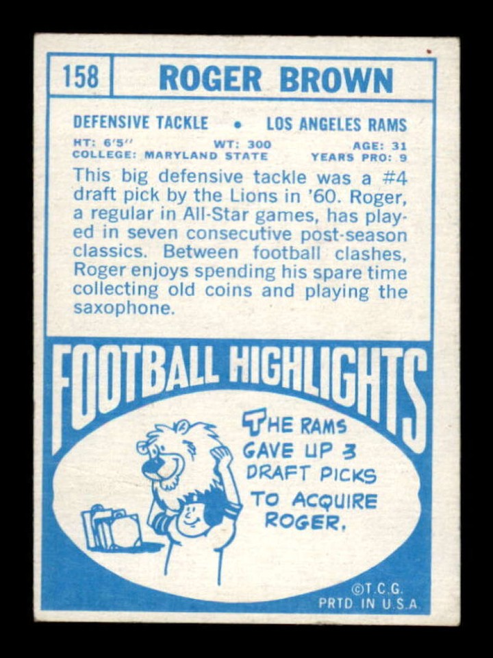 1968 Topps #158 Roger Brown EX/EX+ LA Rams 563136 | eBay