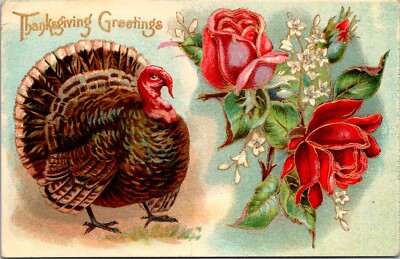 Thanksgiving Greetings Turkey and Roses Unposted Postcard D44 | eBay