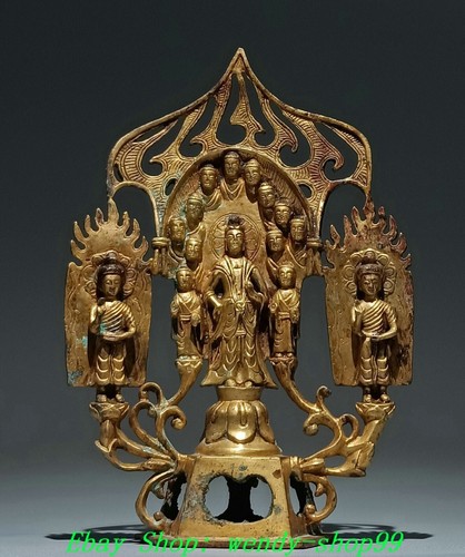 10" Old China Han Dynasty Bronze Ware 24 K Gold Guanyin Shakyamuni ...