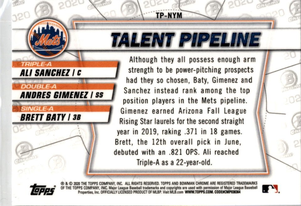 2020 Bowman Talent Pipeline Andres Gimenez / Brett Baty #TP-NYM | eBay