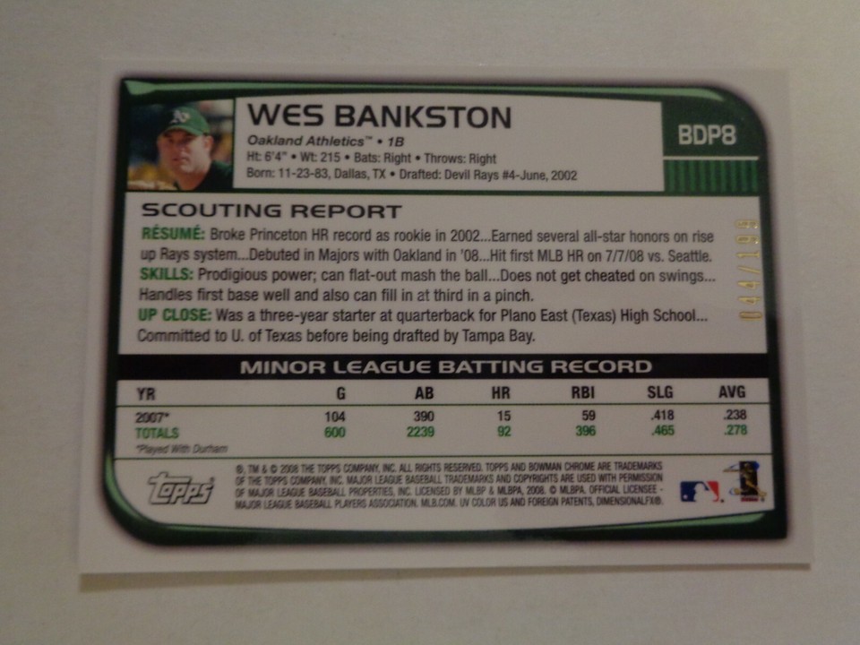 2008 Bowman Chrome Xfractor Wes Bankston Card #BDP8 Serial #44/199 | eBay