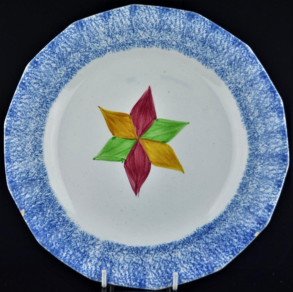 BLUE SPATTERWARE PLATE 19TH C.-STAR DECORATION-9 1/4" SPATTERWARE PLATE ...