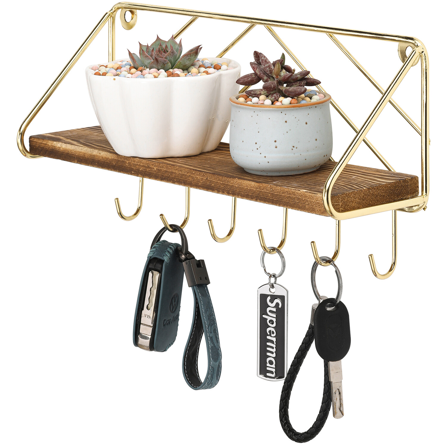 Modern Brass Metal & Burnt Wood Key Holder Rack w/ Hook & Floating ...