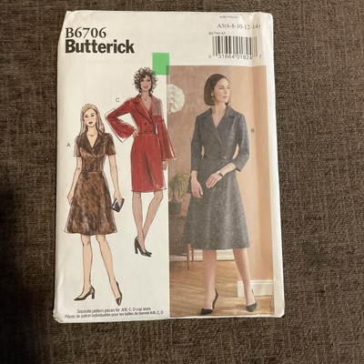 Butterick B6706 Double Breasted Button Dress, Slim & Flared Skirt Sz 6 ...