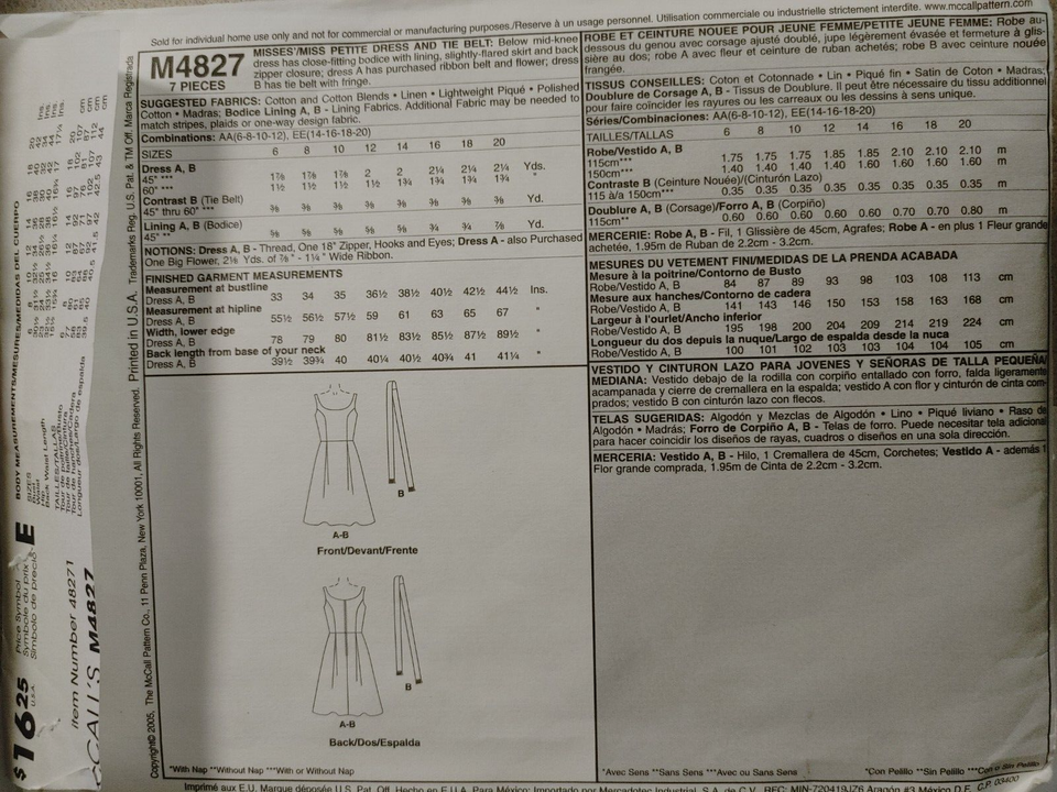 McCall's Pattern M4827 Misses Sleeveless Dresses Tie Belt Sizes 6 8 10 ...