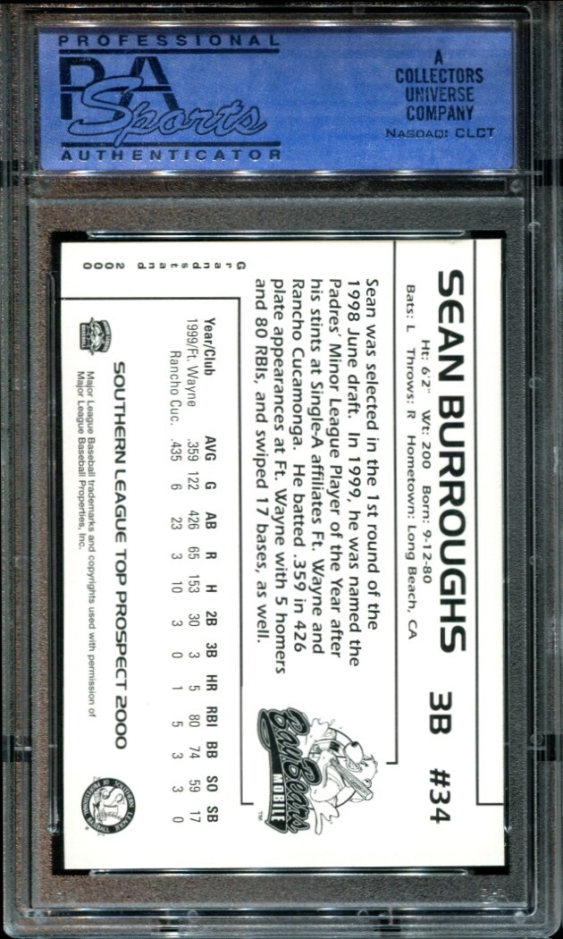 2000 Grandstand Sean Burroughs Southern League Top Prospect #34 Rookie ...