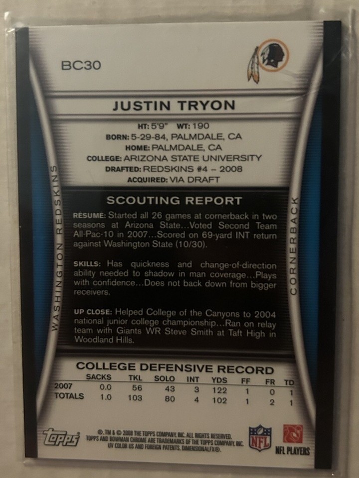2008 Bowman Chrome Justin Tryon Rookie Washington Redskins #BC30 | eBay