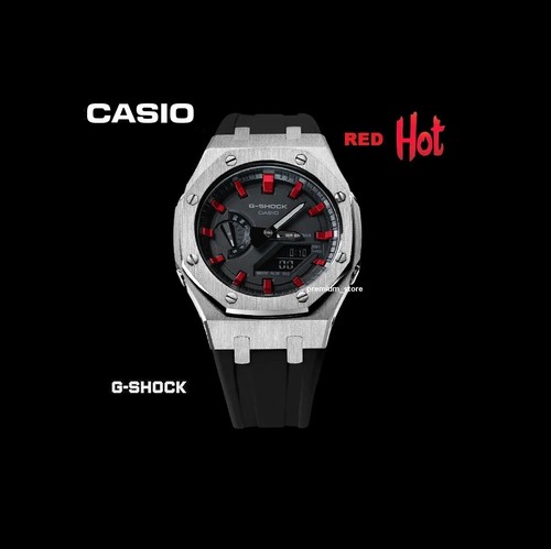 CasiOak CUSTOM Watch G-Shock Casio Oak RED HOT silver black white hands ...