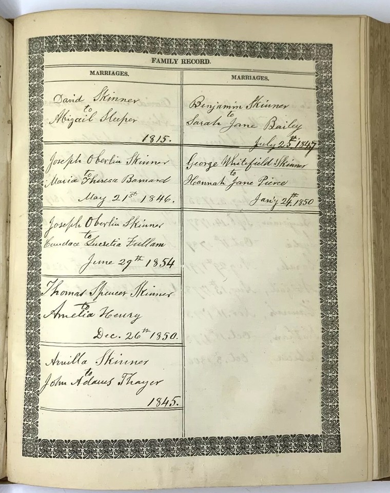 1852 Bible Joseph Oberlin Skinner Family History Benjamin Skinner Lydia ...