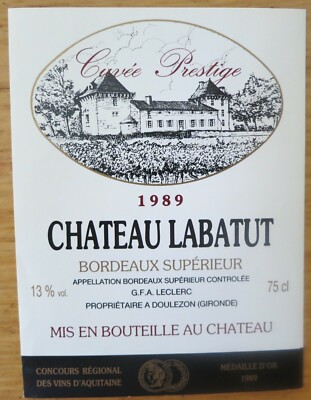 Etiquettes vins FRANCE CHATEAU LABATUT Bordeaux Superieur 1989 wine ...