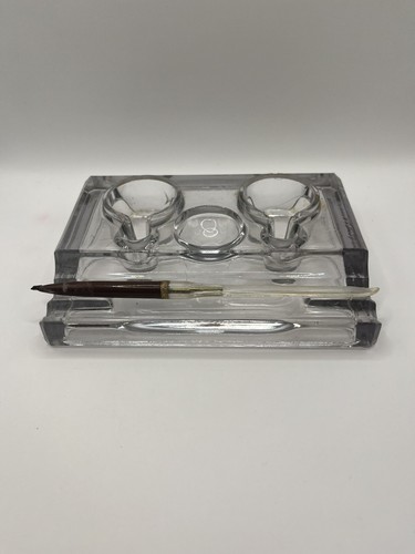Antique Glass Desk Caddy, Inkwell Art Deco Double Ink Well Pen Holder ...