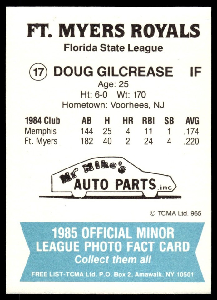 1985 TCMA Ft. Myers Royals Doug Gilcrease Fort Myers Royals #17 | eBay