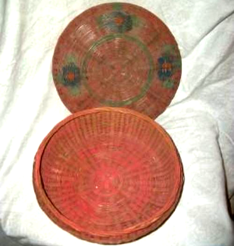 1920s Japanese Pink Wicker Sewing Basket HP Blue Flowers Sally Patchin ...