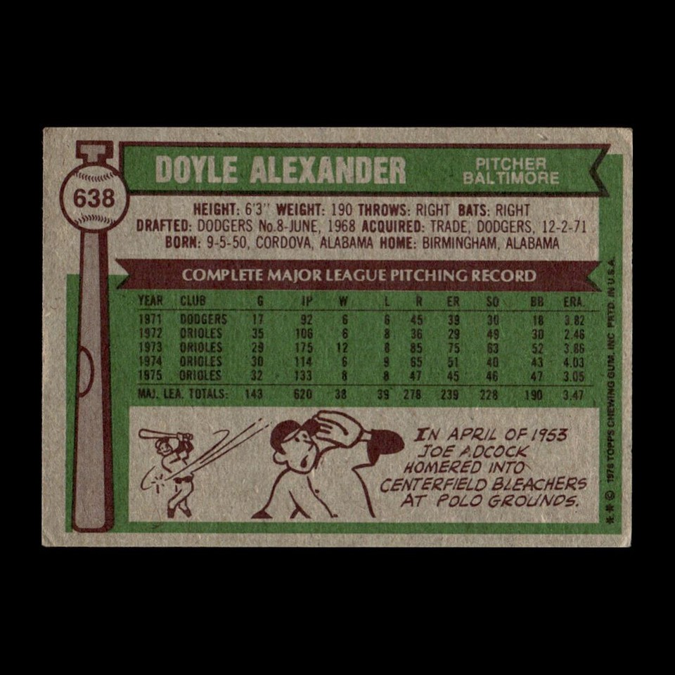 Doyle Alexander 1976 Topps Baltimore Orioles #638 Set Filler! | eBay
