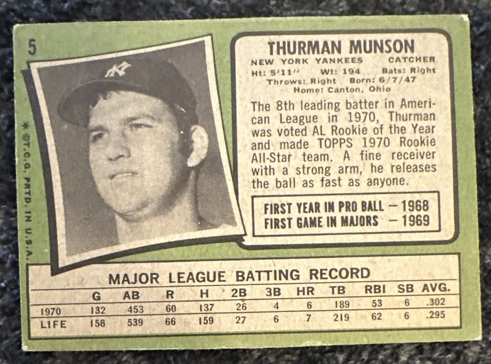 1971 TOPPS Baseball Thurman Munson ALL-STAR Rookie Card RC #5 New York ...