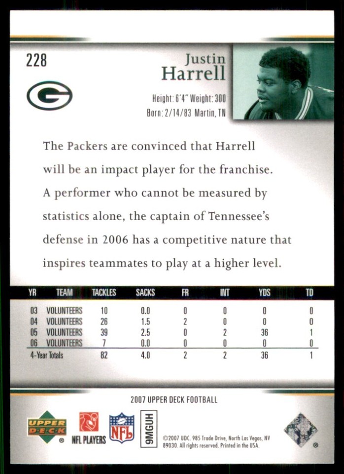 2007 Upper Deck Edition Justin Harrell Green Bay Packers #228 | eBay