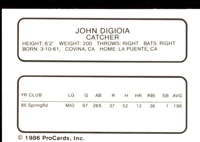 1986 Palm Springs Angels ProCards #10 John Digioia Covina LA Puente ...