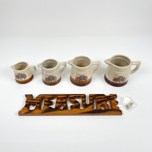 Vintage 4pc Ceramic Measuring Cups with Hanging Wood Wall Rack New in ...