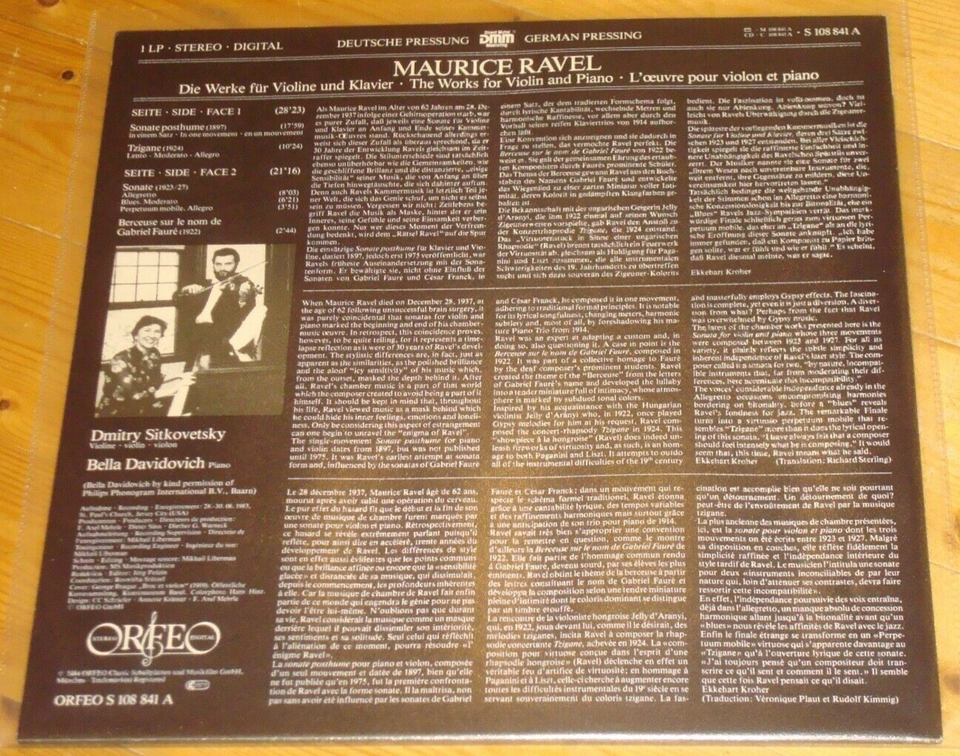 Signed DMITRY SITKOVETSKY Ravel The Works for Violin and Piano ORFEO LP ...