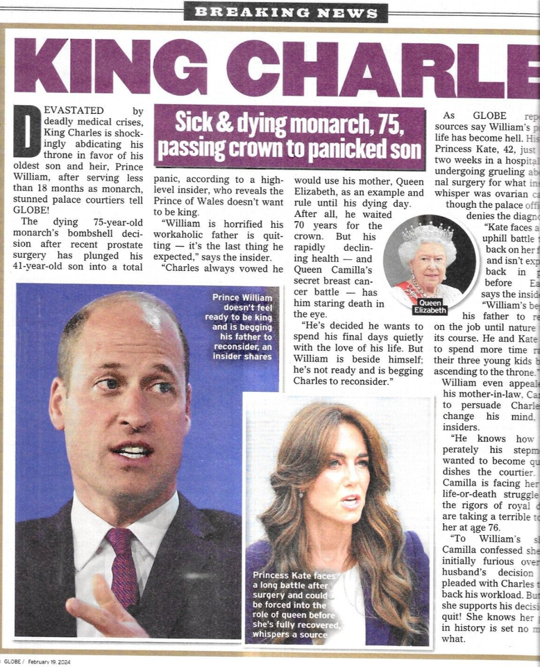 Globe Magazine King Charles Vince McMahon Cher Jason Statham Amelia ...