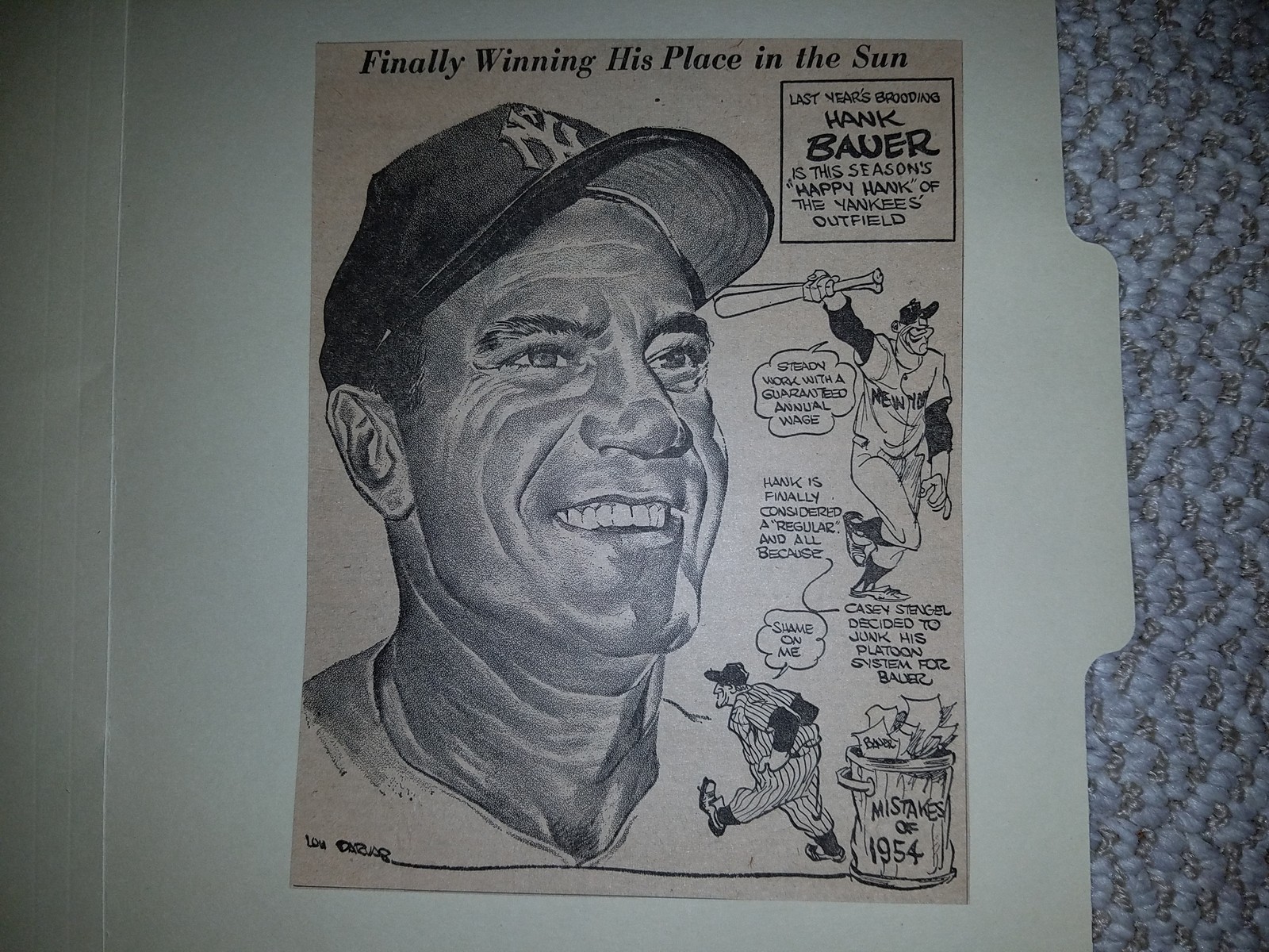 Hank Bauer Yankees 1955 Cartoon Sketch By Lou Darvas | eBay
