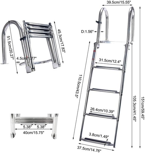 4 Step Stainless Steel Deck Ladder Folding Pontoon Dock Boat Ladder ...