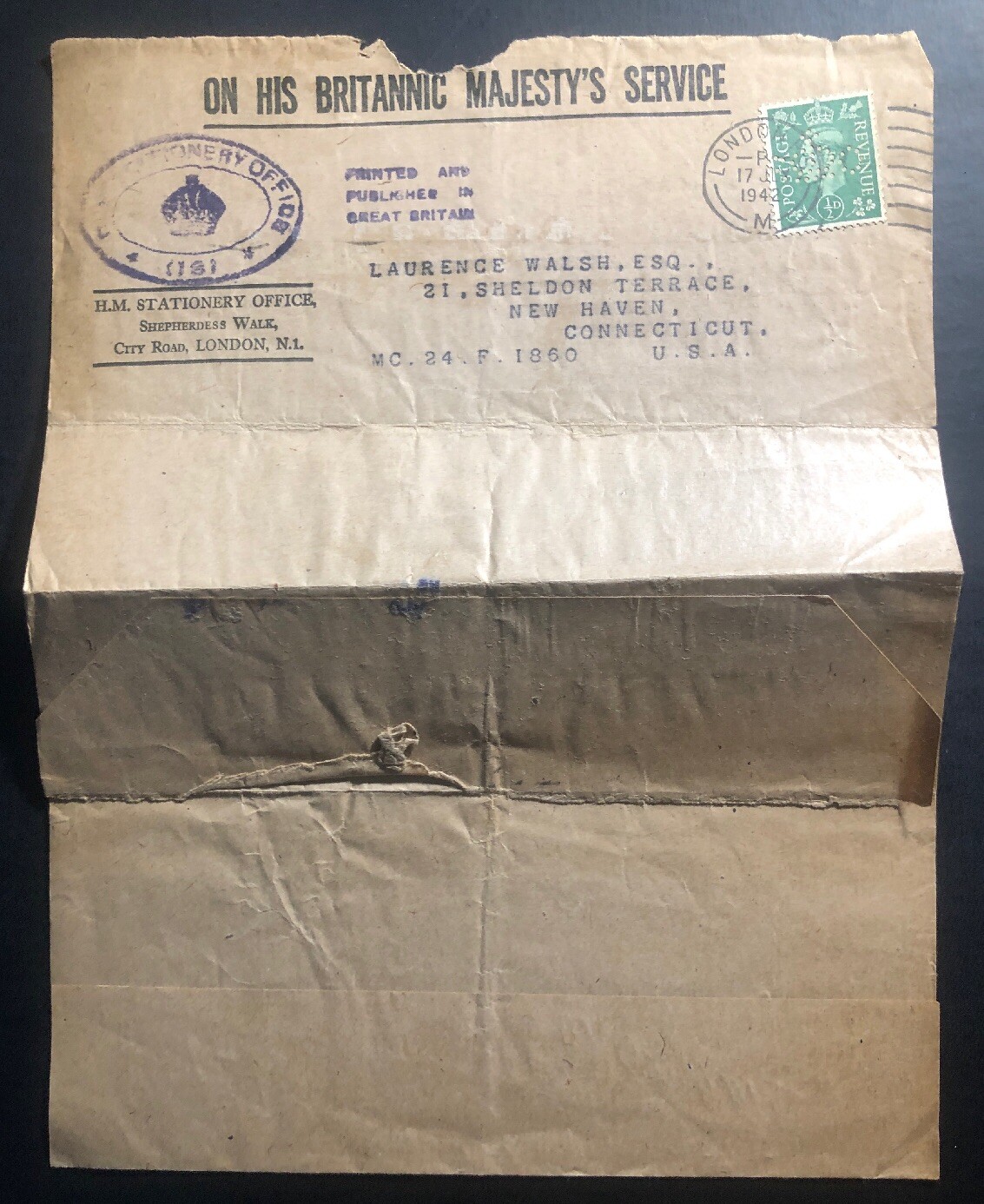 1942 London England His Britannic Majesty Service Wrapper Cover To Usa ...