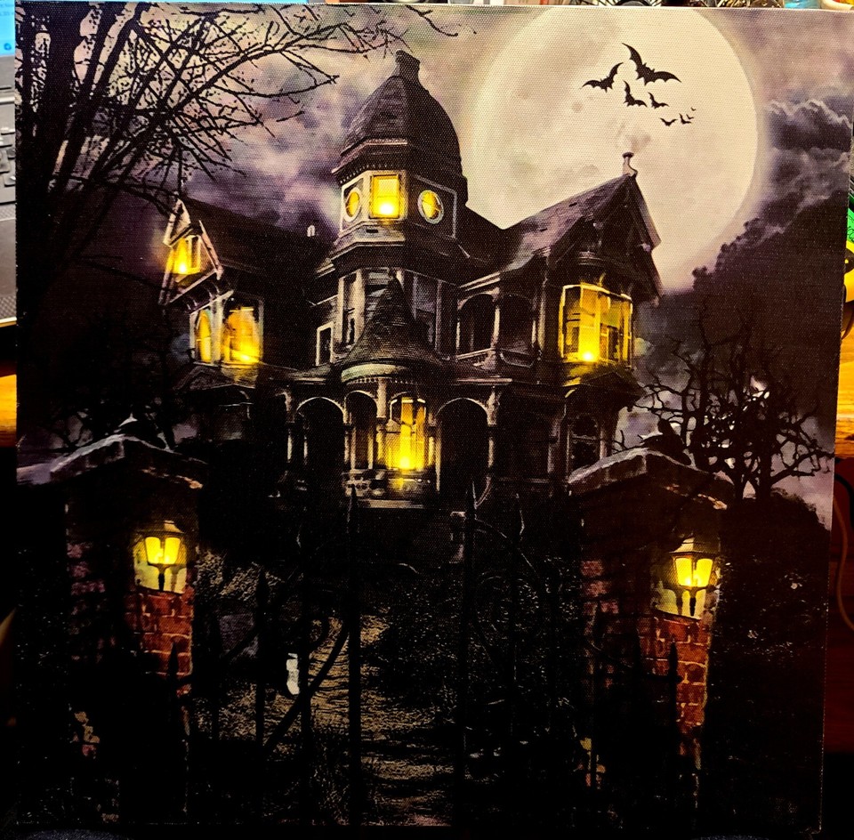 Halloween Haunted House Canvas LED Light Creepy Wall Art 15" x 15" LN ...