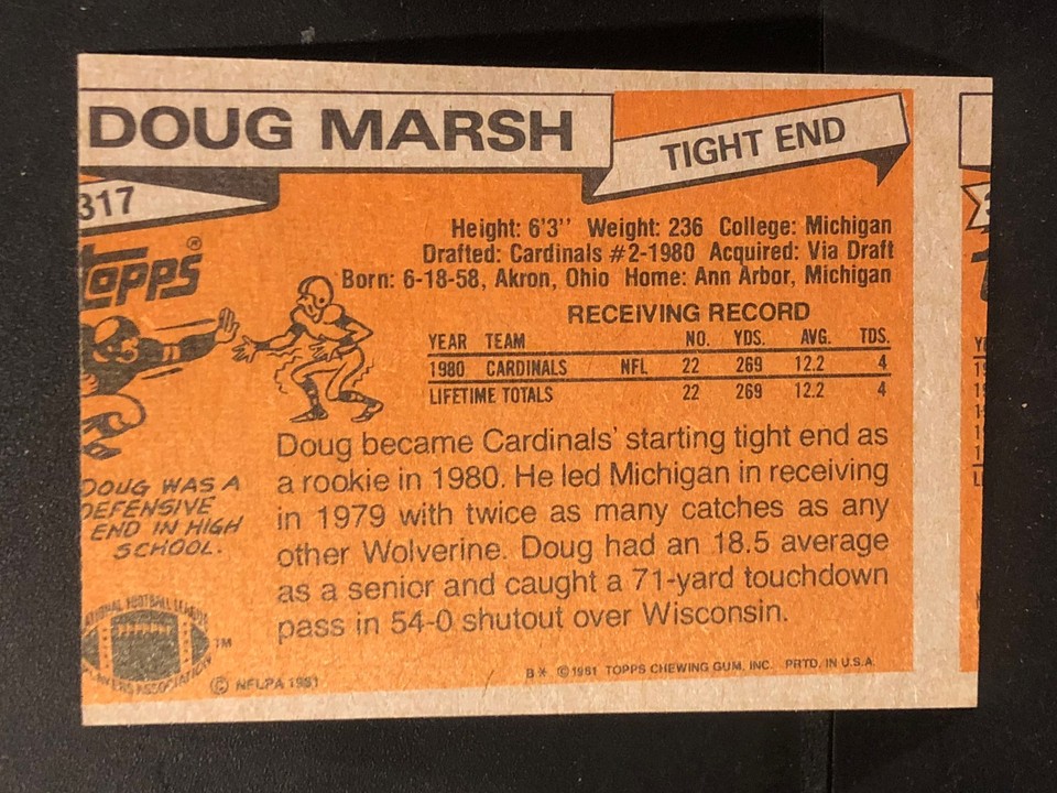 DOUG MARSH 1981 Topps Football ERROR Miscut ROOKIE Card #317 OddBaLL ...