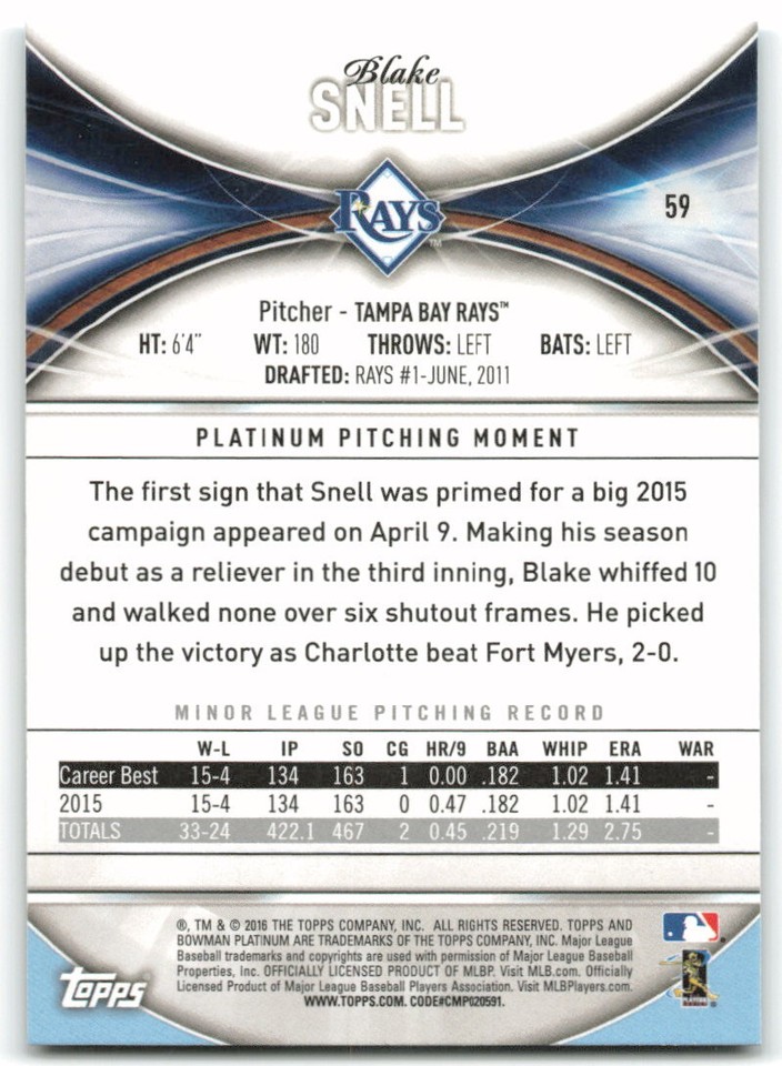 2016 Bowman Platinum #59 Blake Snell Rainbow Foil RC, Rookie Card TB ...