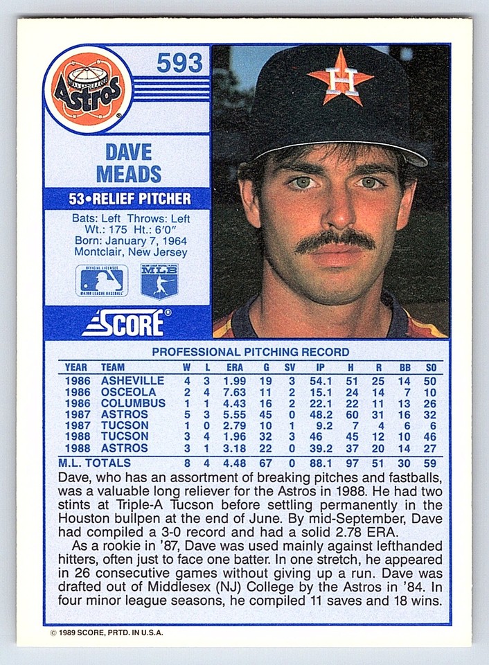 1989 Score #593 Dave Meads Houston Astros | eBay