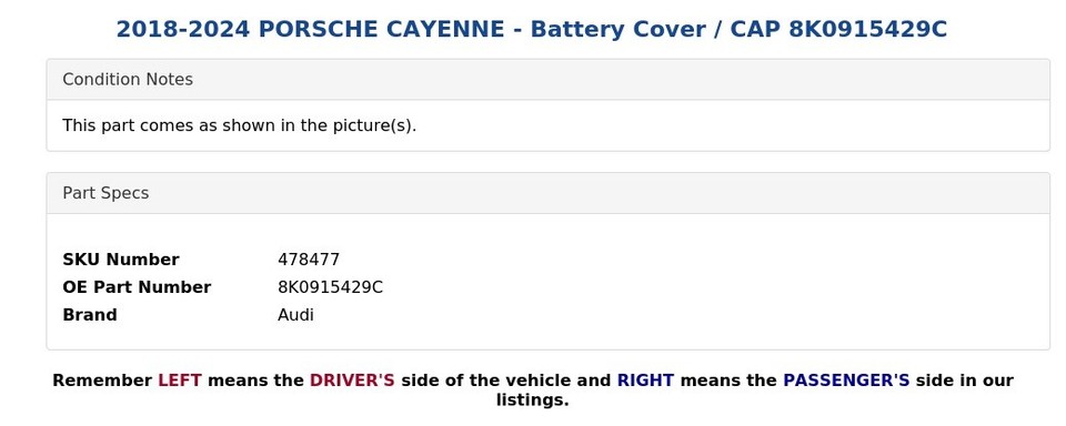 2018-2024 PORSCHE CAYENNE - Battery Cover / CAP 8K0915429C | eBay UK