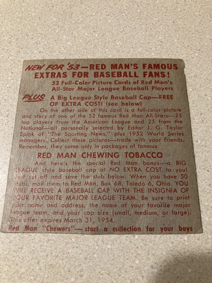 Bobby Adams Cincinnati Reds 1953 Red Man Tobacco Baseball Card No Tab ...