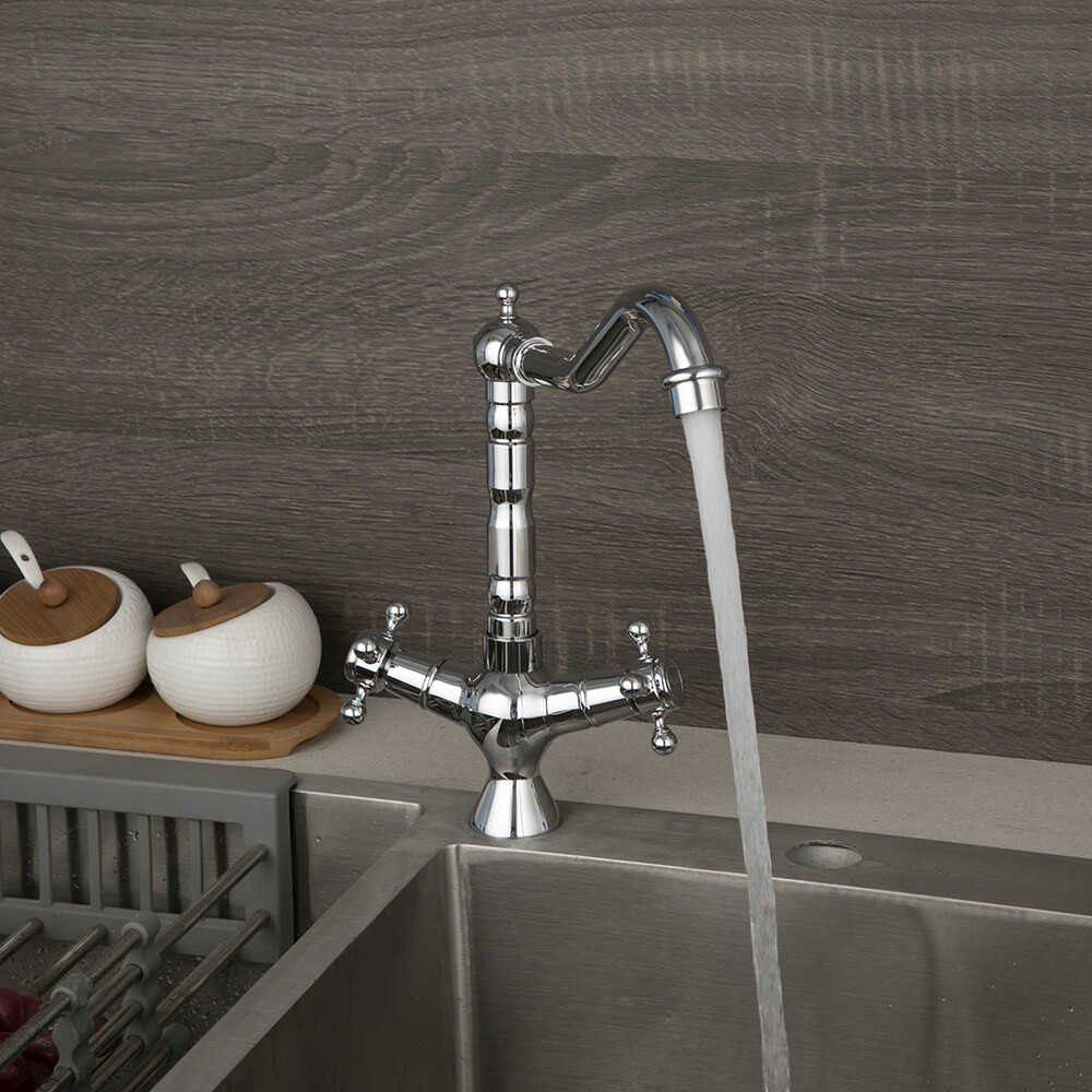 Silver Chrome Kitchen Sink Faucet 360°Swivel 2 Handles 1 Hole Mixer ...
