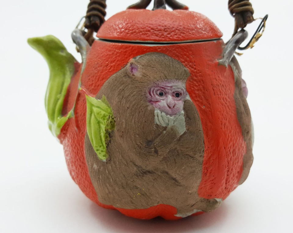 ANTIQUE JAPANESE BANKO WARE POTTERY TEA POT PUMPKIN SHAPE W/ EMBOSSED ...