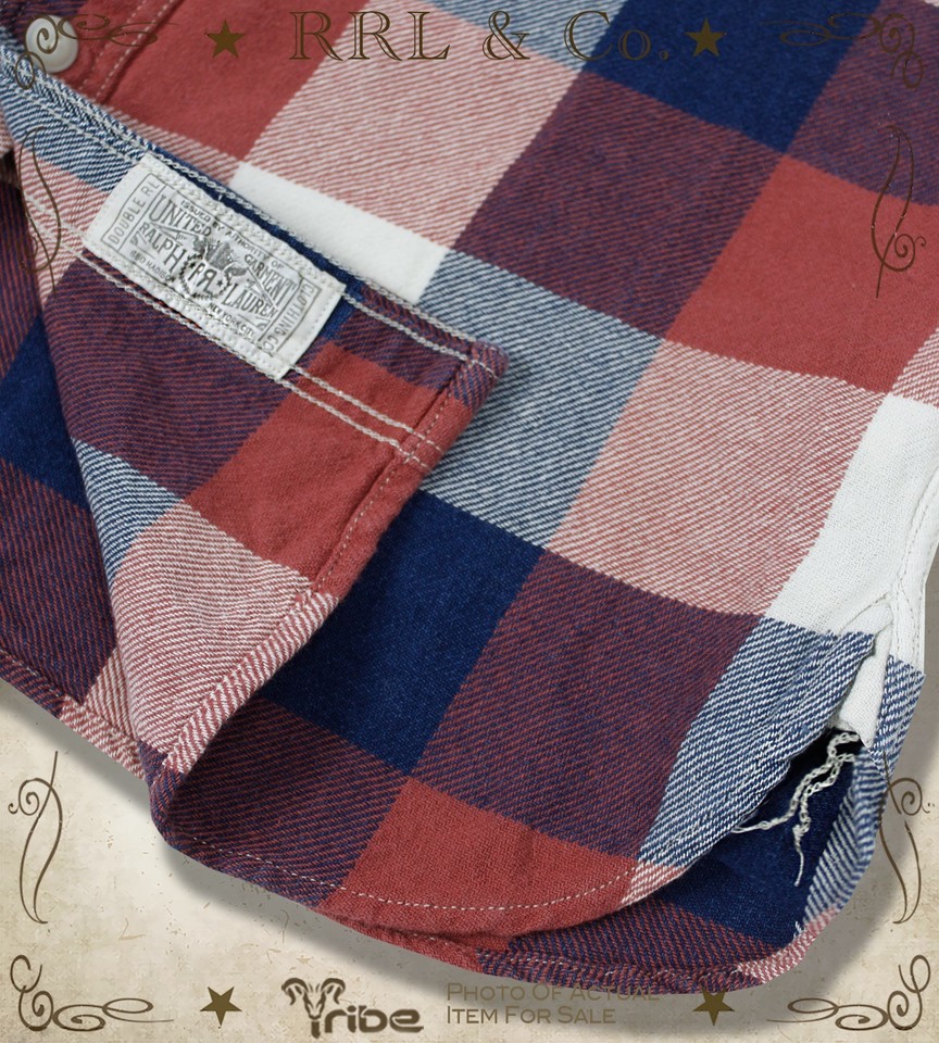 RRL Ralph Lauren Men's Red White Indigo Plaid Check Shirt Cotton Twill ...