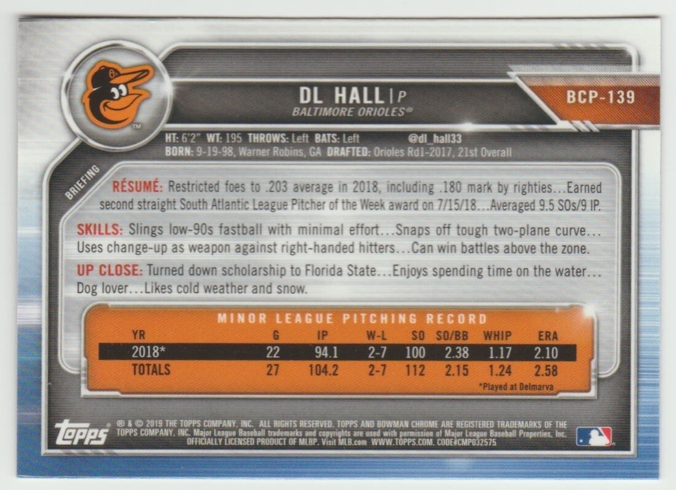 2019 Bowman Chrome Prospects #BCP-139 DL Hall Baseball Card Baltimore ...