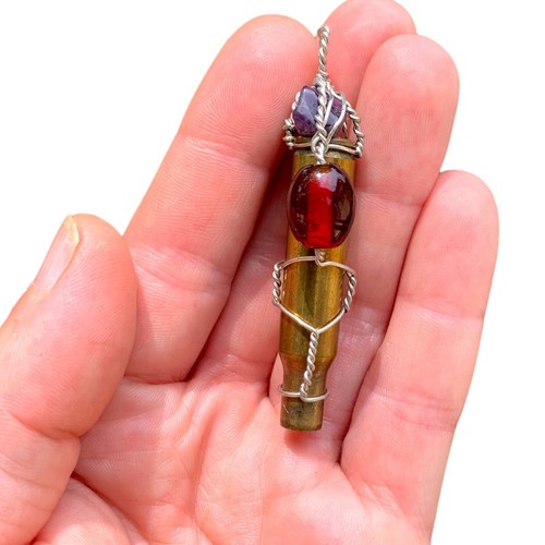 Real Brass Bullet Pendant Necklace Silver Wire Wrap Red Bead & Amethyst ...