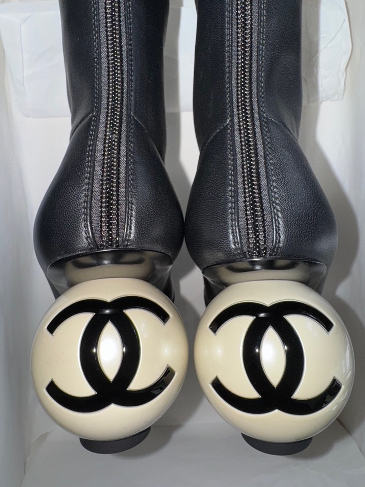Chanel 25K Black White Pearl Ball Heel CC Logo Stretch Leather Mid Calf ...