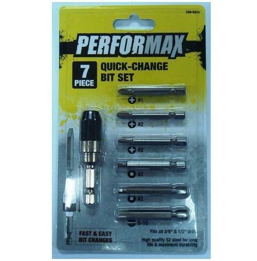 7 Piece Quick Change Screwdriver Fast Bit Set PH #1, #2 SQ#2 SLOT 8-10 ...