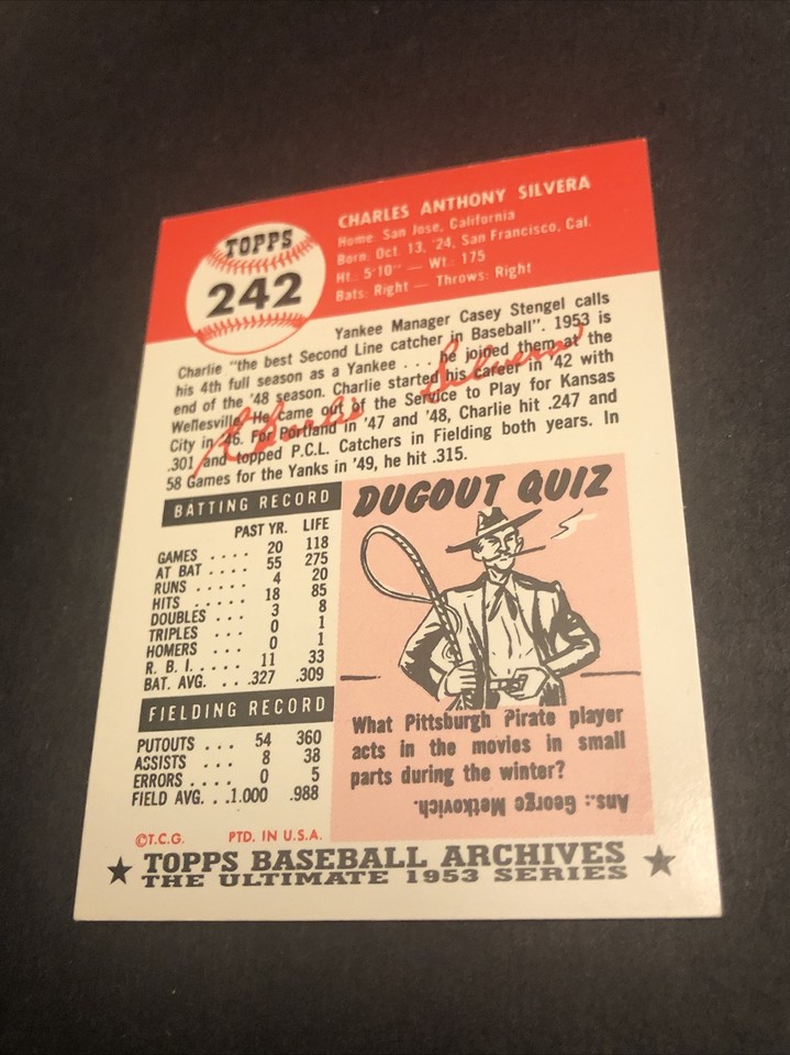 CHARLIE SILVERA SIGNED 1953 TOPPS ARCHIVES (2001) AUTOGRAPHED AUTO CARD ...