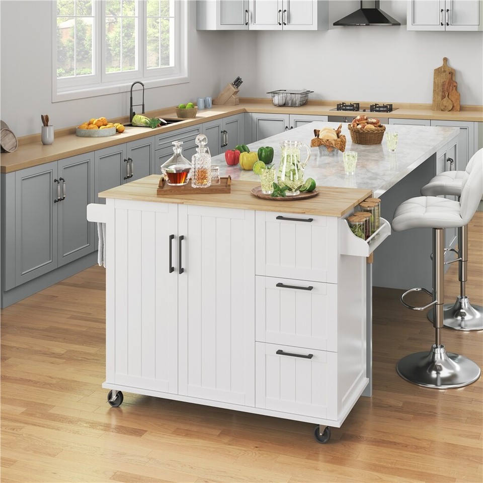Rolling Kitchen Island w/Drop Leaf Tabletop, Kitchen cart w/3 Drawers ...