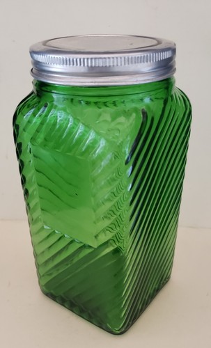 Depression Glass Dk Green Owens diagonal Ribbed Canister 6"x3" JAR ...