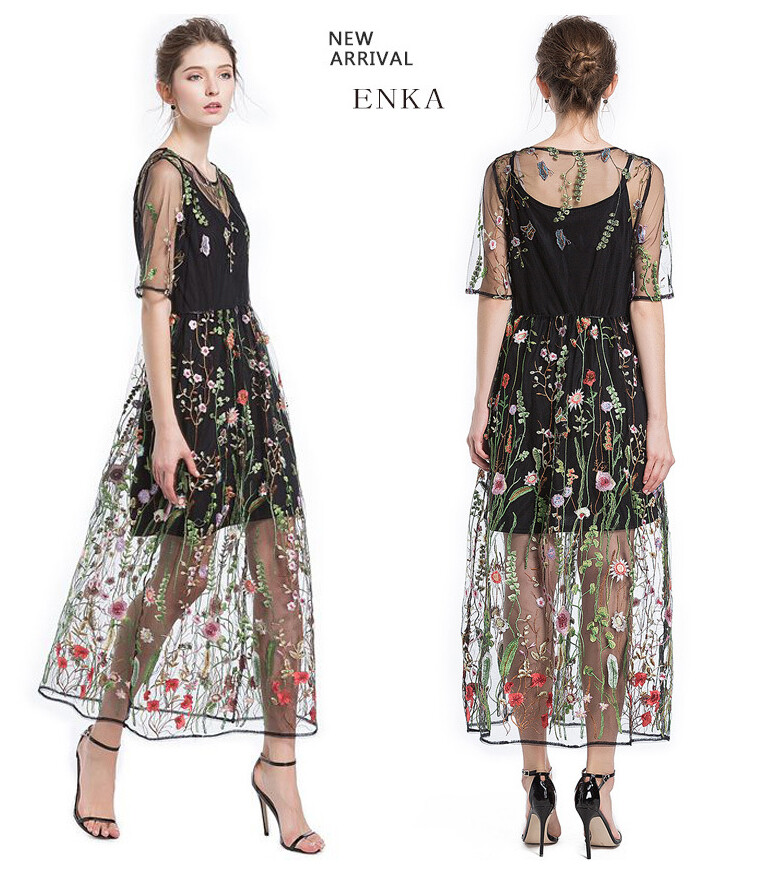 Women Embroidered Gauze Lace Floral Sheer Mesh Cocktail Evening Party ...