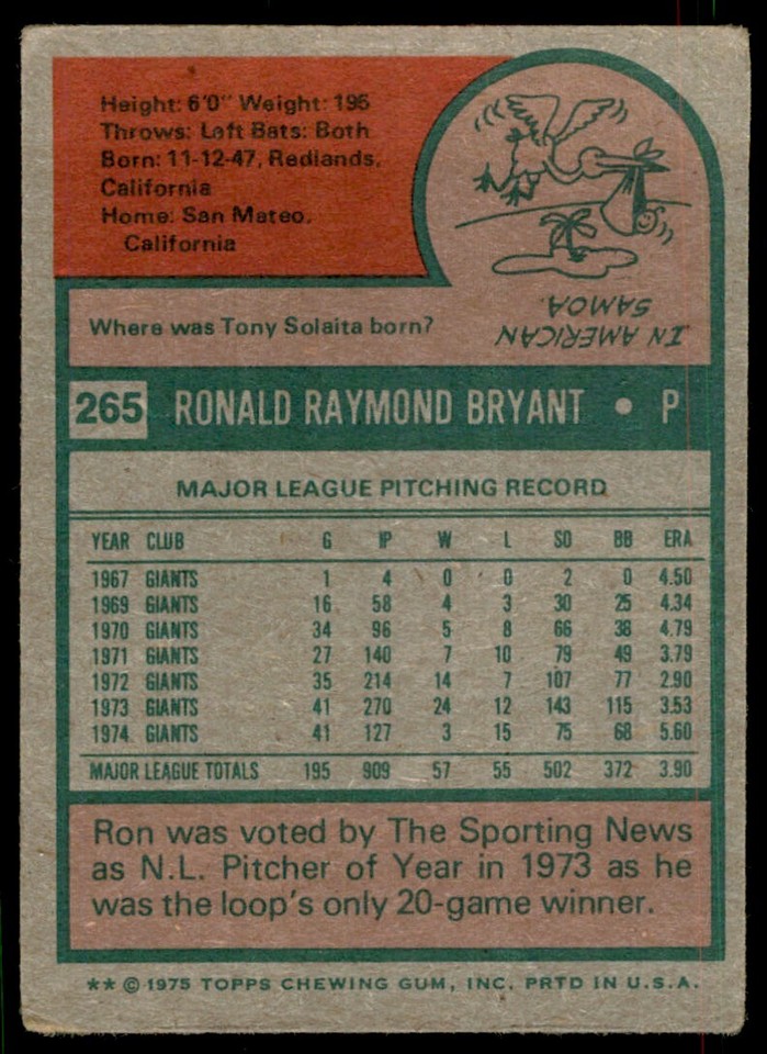 1975 Topps Baseball Card Ron Bryant San Francisco Giants #265 | eBay