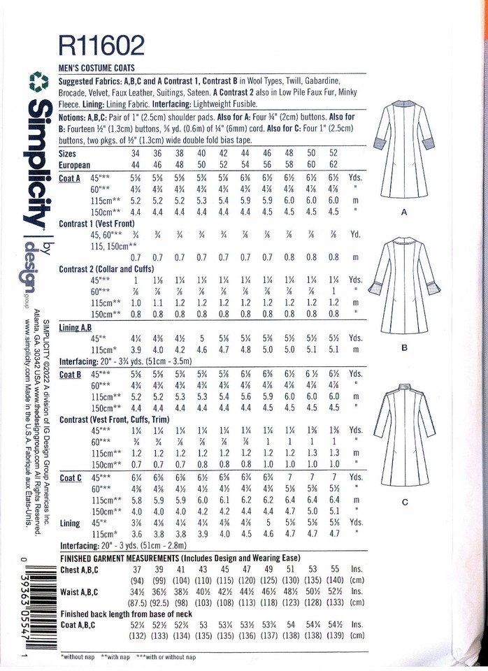 Simplicity 9630 Mens Costume Halloween Cosplay Coats Sewing Pattern New ...