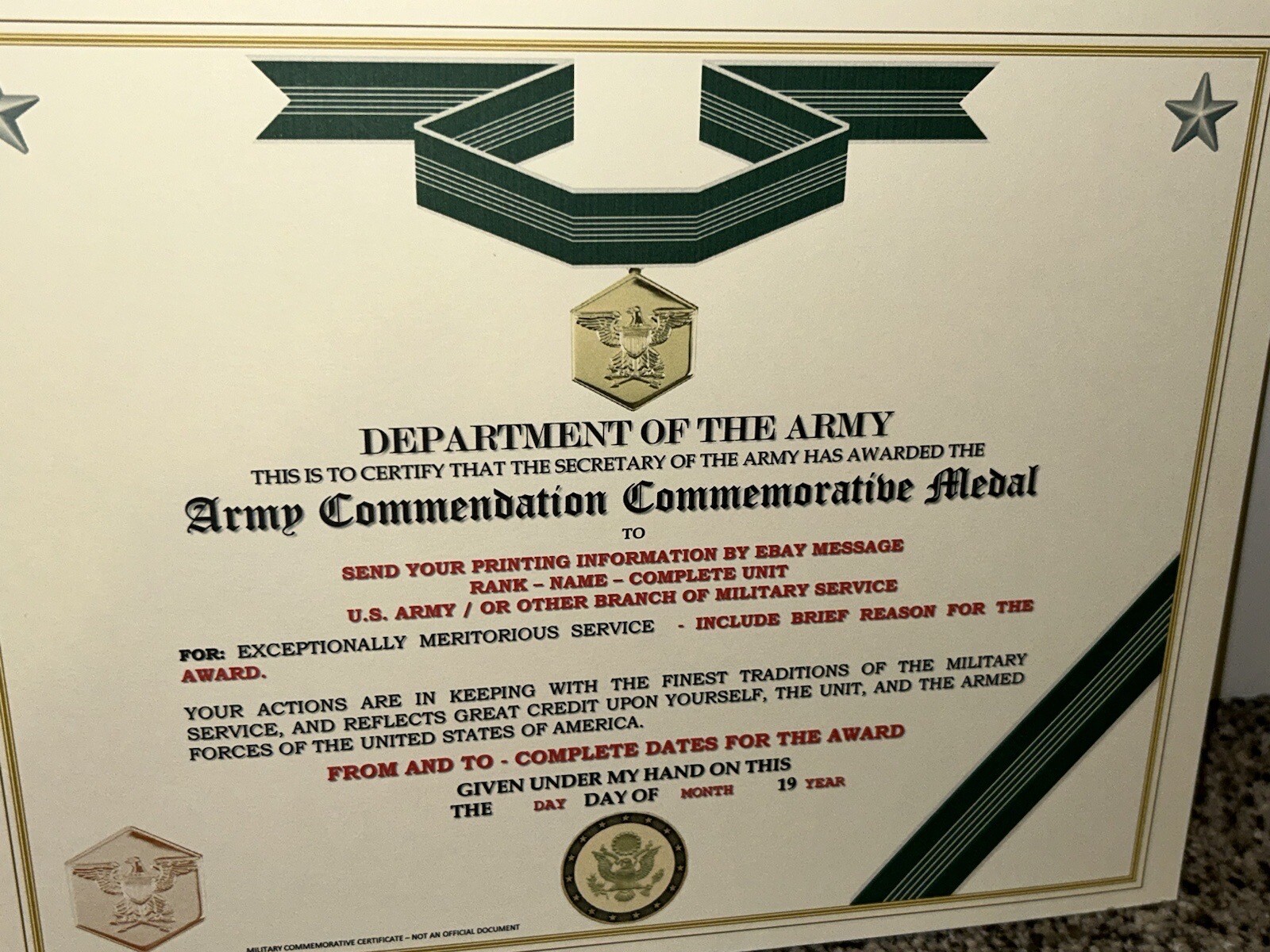 ARMY COMMENDATION MEDAL COMMEMORATIVE CERTIFICATE ~ TYPE-2 w/PRINTING ...